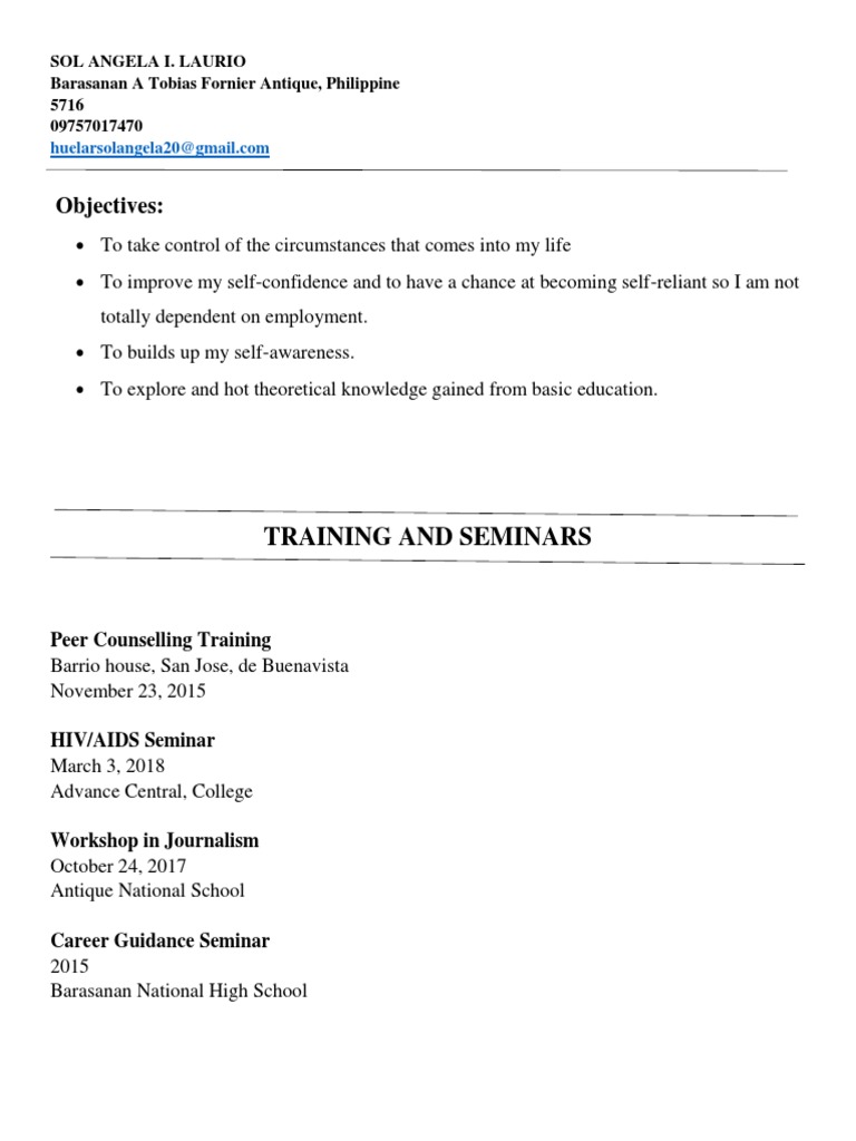 Sol Angela I. Laurio Resume Objectives Training Education Personal | PDF