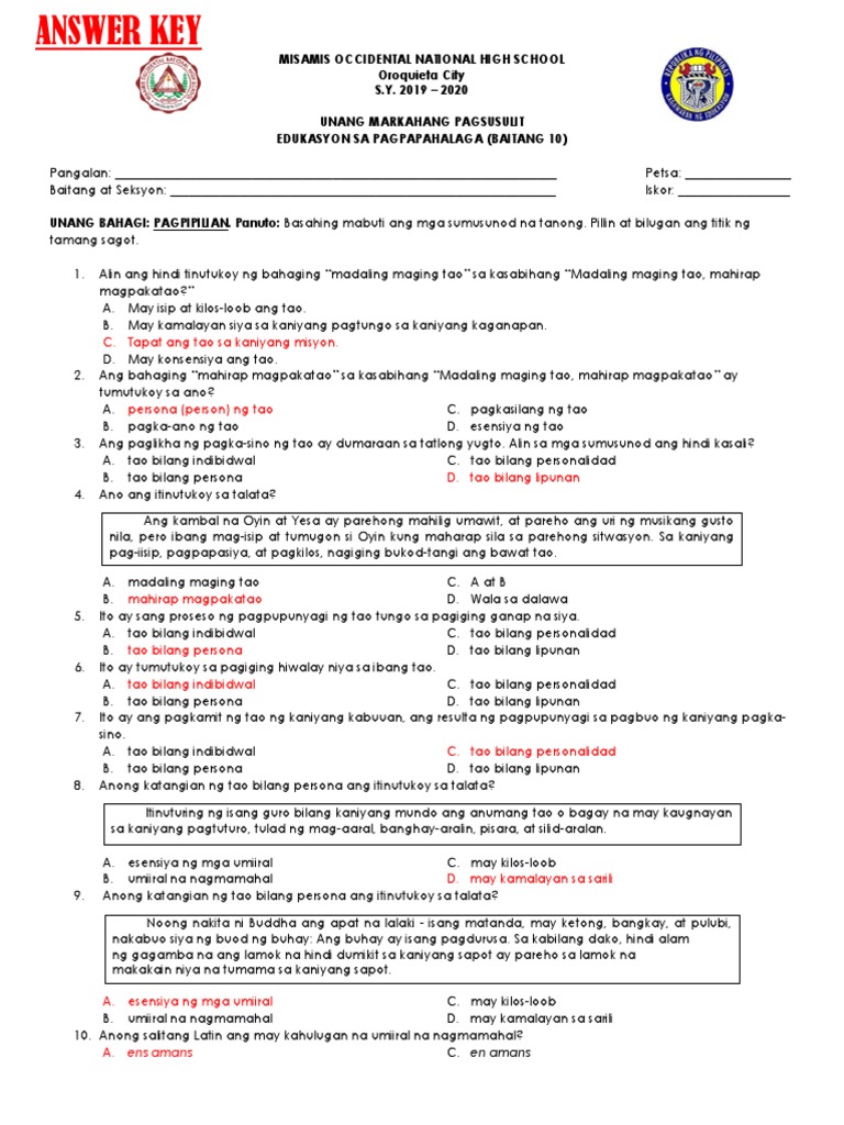 Answer Key Esp 10 First Quarter Exam 1 | PDF