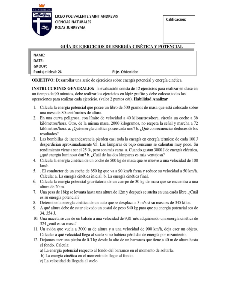 Guía de Ejercicios: Energía Cinética y Potencial | PDF | Energía ...