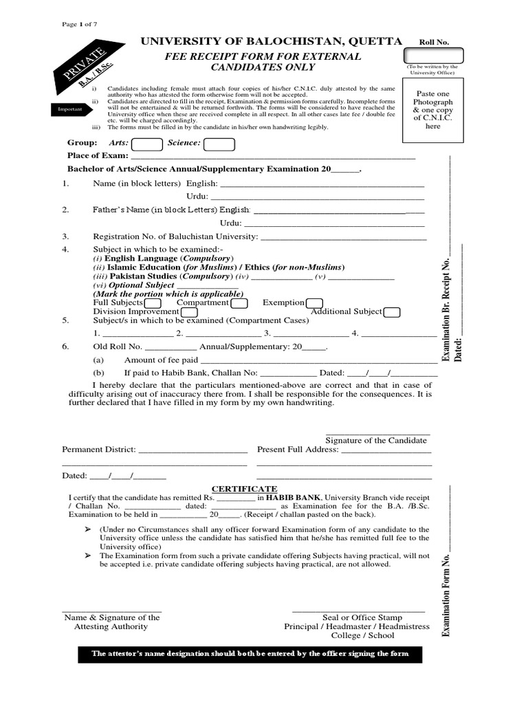 UoB B.A. & B.sc. Form (Private Students) | PDF | Bachelor's Degree ...