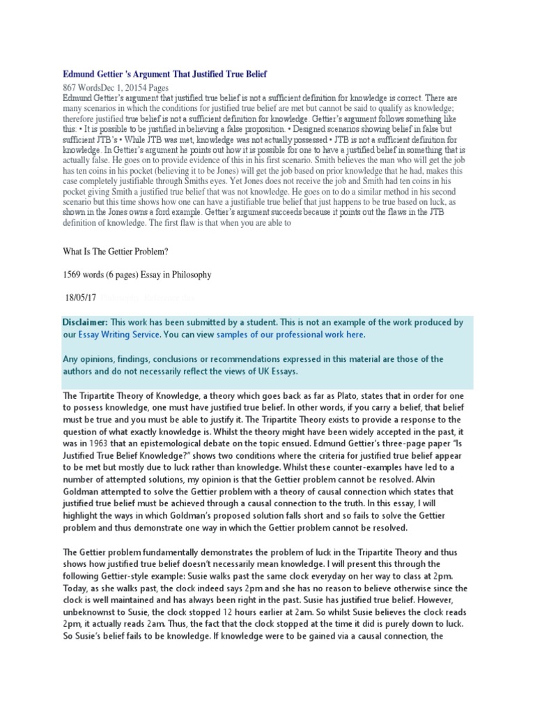 Edmund Gettier 'S Argument That Justified True Belief: What Is The ...