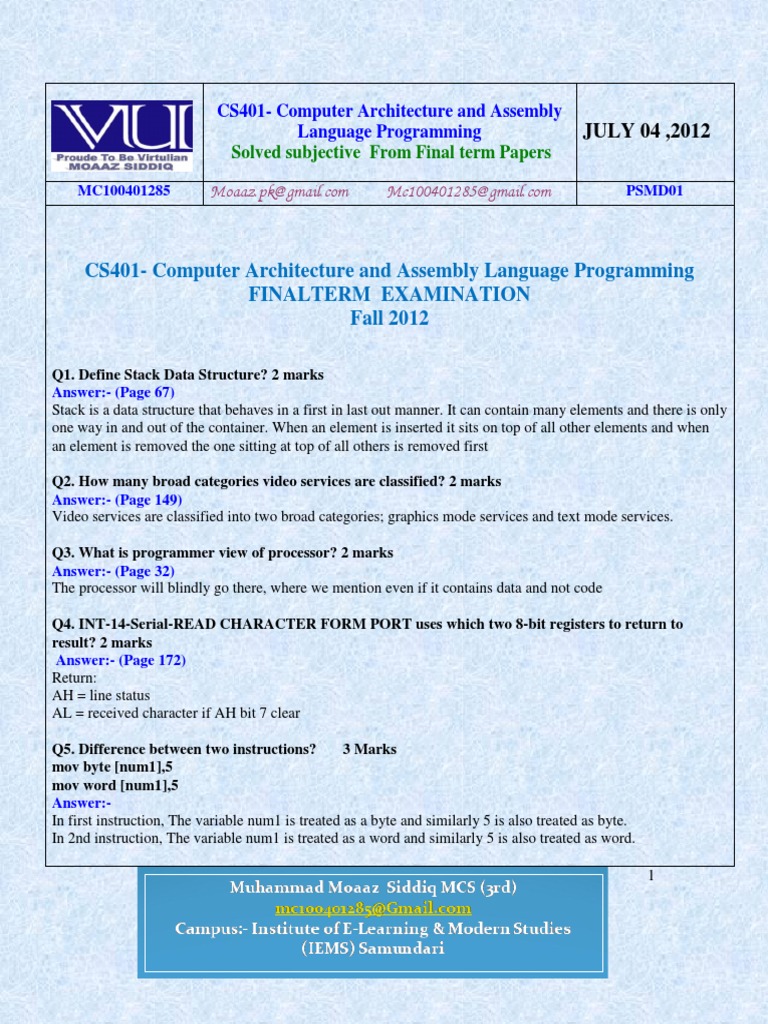 CS401-Computer Architecture and Assembly Language Programming Finalterm Examination Fall 2012 ...
