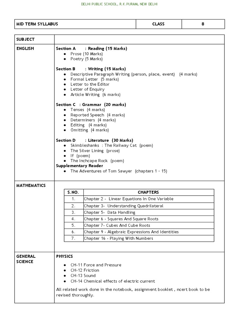 Mid Term Syllabus Class 8 | PDF | Poetry | Syntax