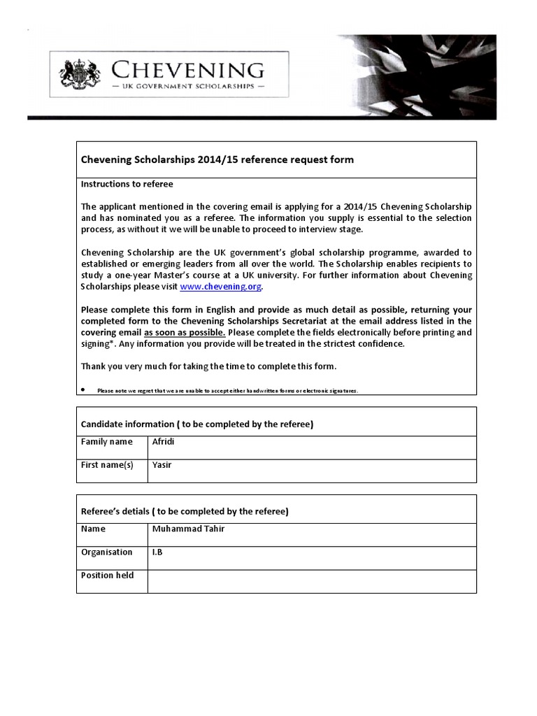 Chevening Scholarship Reference Form 2014/15 | PDF | Leadership ...