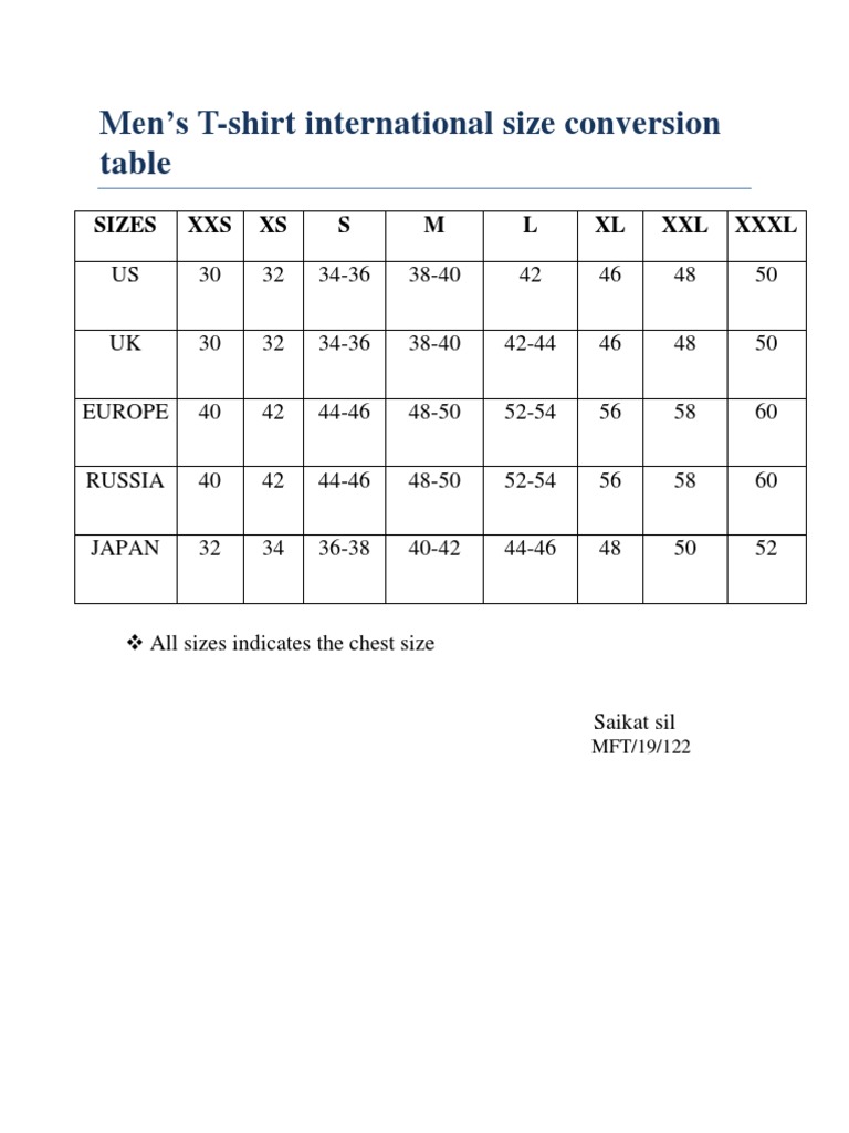 Men's T-Shirt Size Conversion Chart | PDF