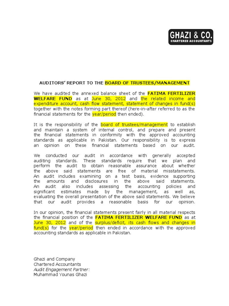 Auditors' Report To The Board of Trustees/Management: Audit Engagement ...