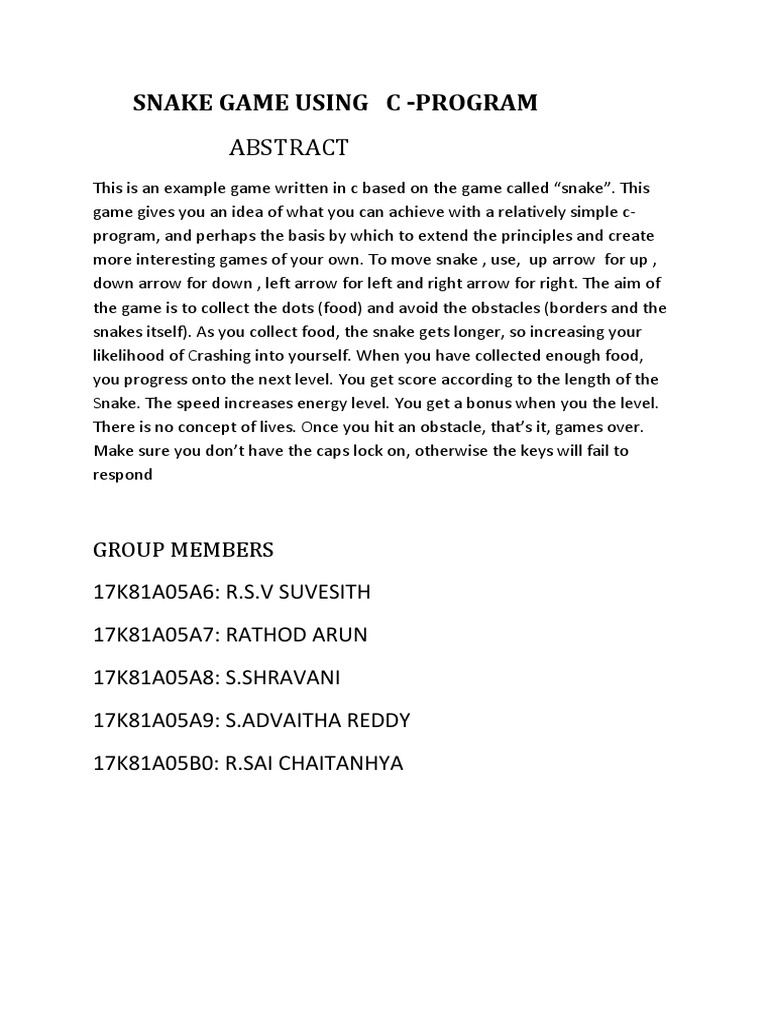 Snake Game Using C - Program | PDF