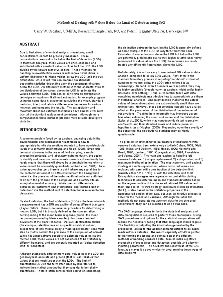 Methods of Dealing With Values Below The Limit of Detection Using SAS | PDF | Errors And ...