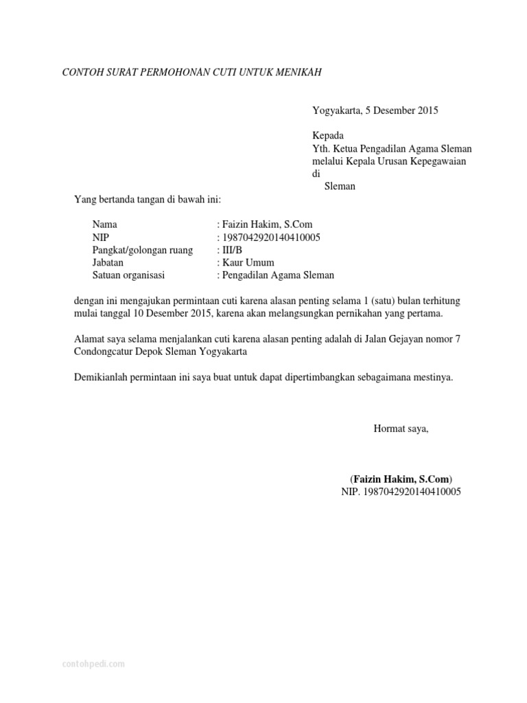 Contoh Surat Cuti PNS untuk Menikah | PDF