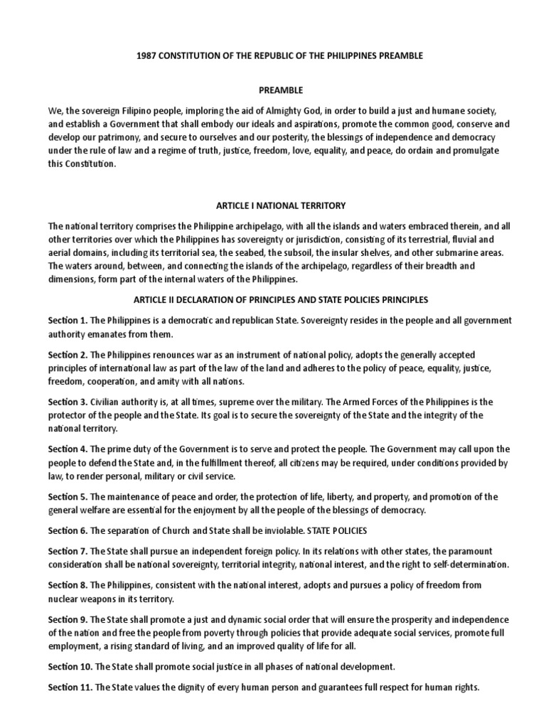 1987 Constitution of The Republic of The Philippines Preamble | PDF ...