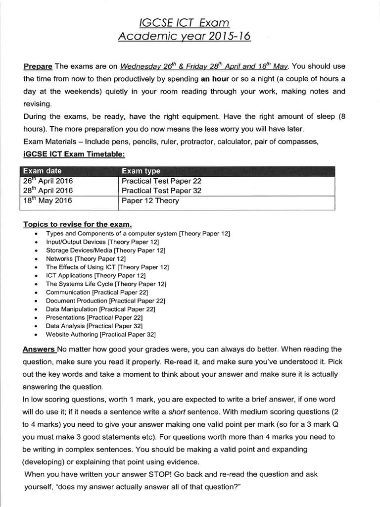 Igcse Ict Revision Guidance 2016 PDF | PDF