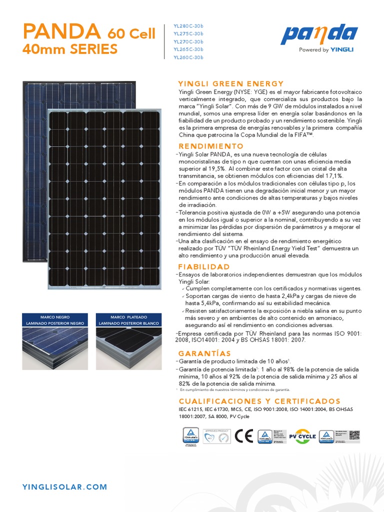 1 Datasheet Modulo Solar Yingli | PDF | Energía solar | Energía renovable