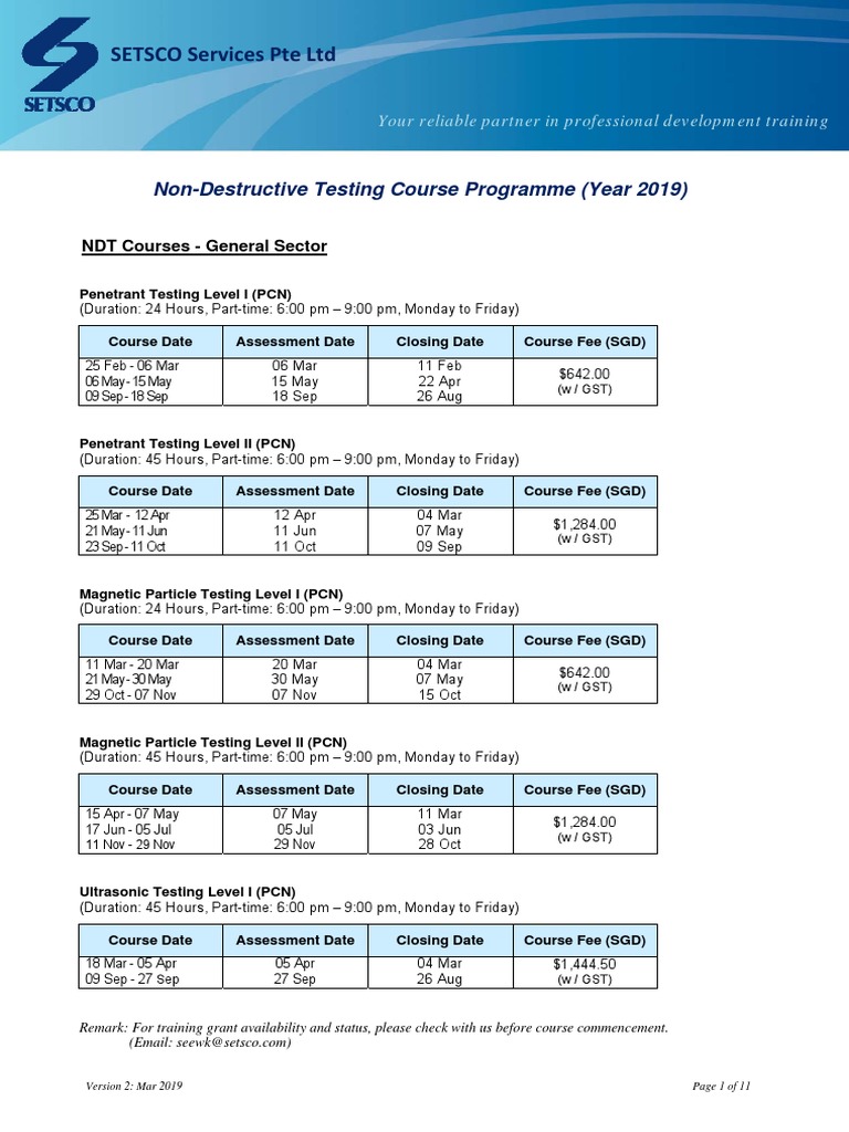 SETSCO Services Pte LTD: Non-Destructive Testing Course Programme (Year ...
