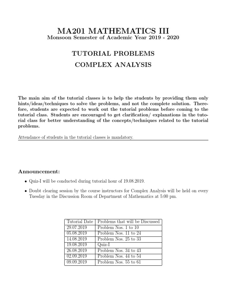 Ma201 Mathematics Iii: Tutorial Problems Complex Analysis | Download Free PDF | Sine | Function ...
