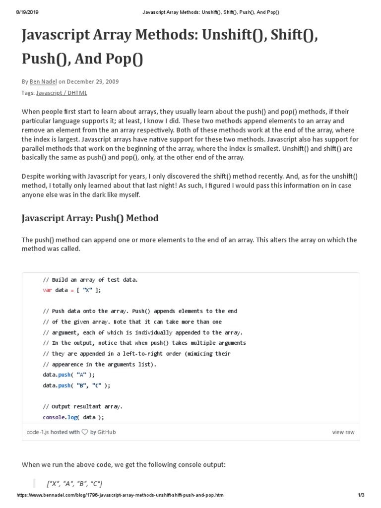 Javascript Array Methods - Unshift, Shift, Push, and Pop | PDF | Array ...
