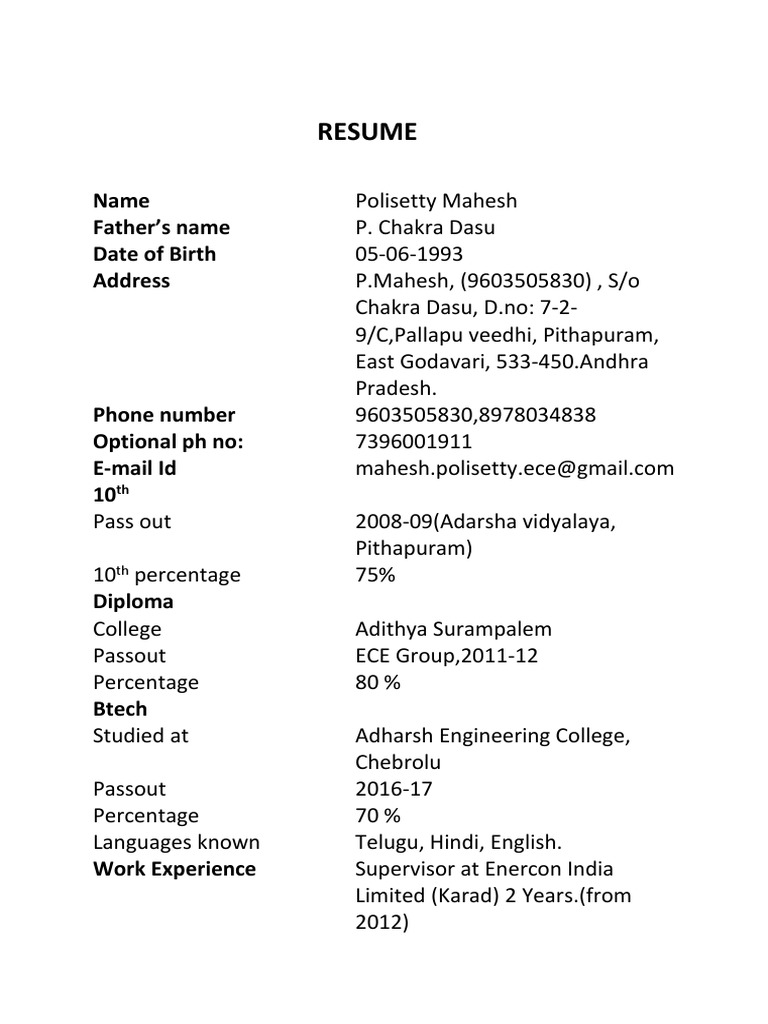 Resume: Name Father's Name Date of Birth Address | PDF