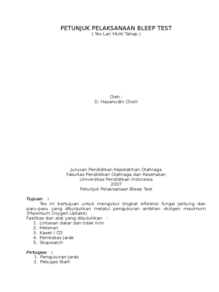 Petunjuk Pelaksanaan Bleep Test | PDF