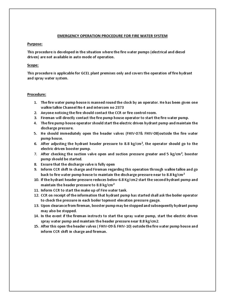 Emergency Operation of Fire Water System | PDF