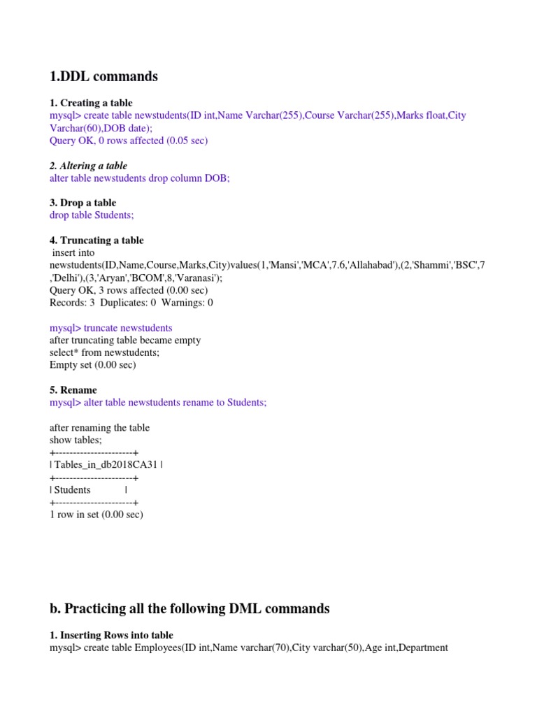 1.DDL Commands: 1. Creating A Table | PDF | Data Management | Databases
