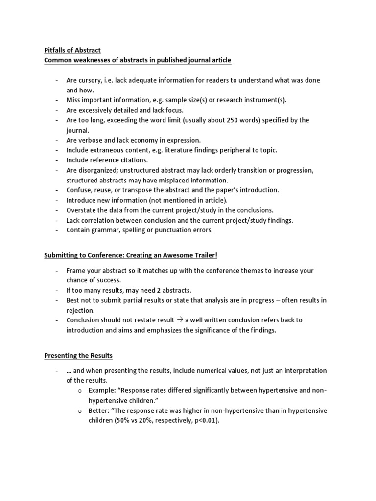 Pitfalls of Abstract Common Weaknesses of Abstracts in Published ...