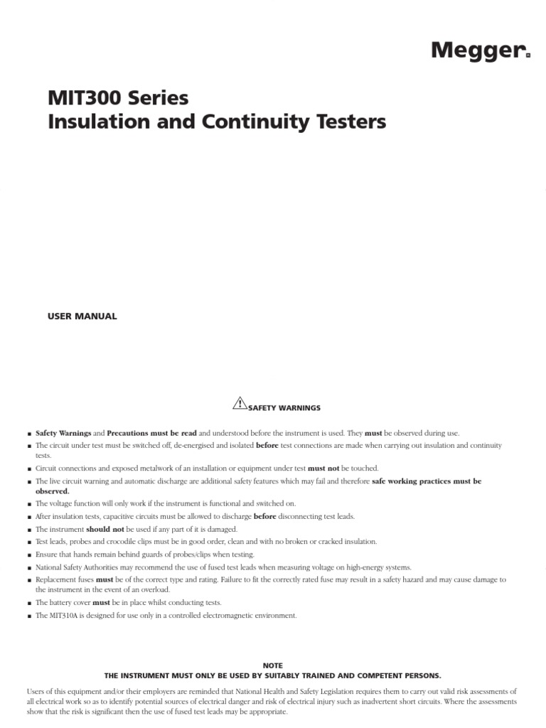 Megger-MIT300 Userguide PDF | PDF | Voltage | Rechargeable Battery