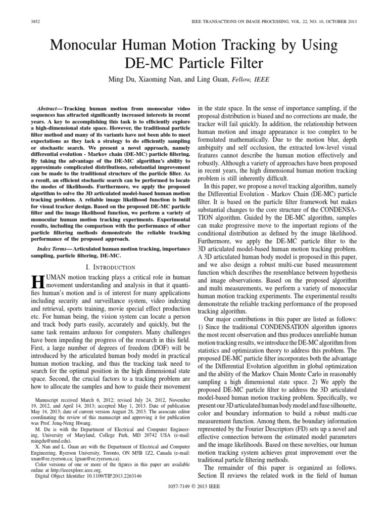Monocular Human Motion Tracking by Using DE-MC Particle Filter | PDF ...
