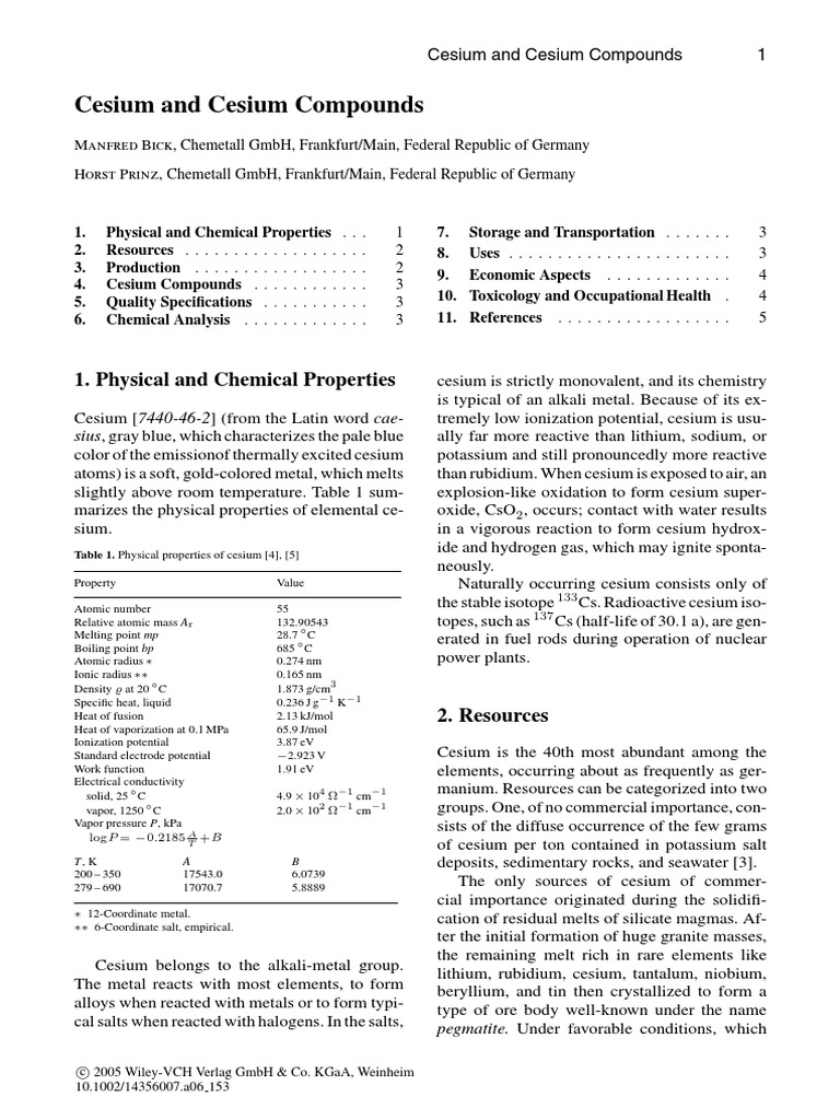 Cesium and Cesium Compounds: 1. Physical and Chemical Properties | PDF ...