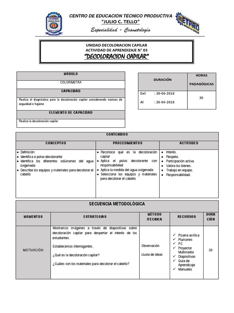 Ficha 3 Decoloracion Capilar | PDF | Evaluación | Aprendizaje