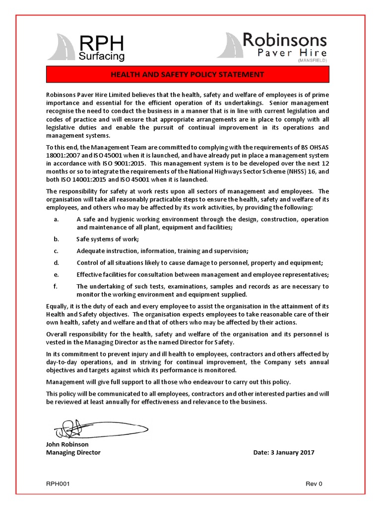 RPH001 HS Policy Statement | PDF | Occupational Safety And Health | Safety