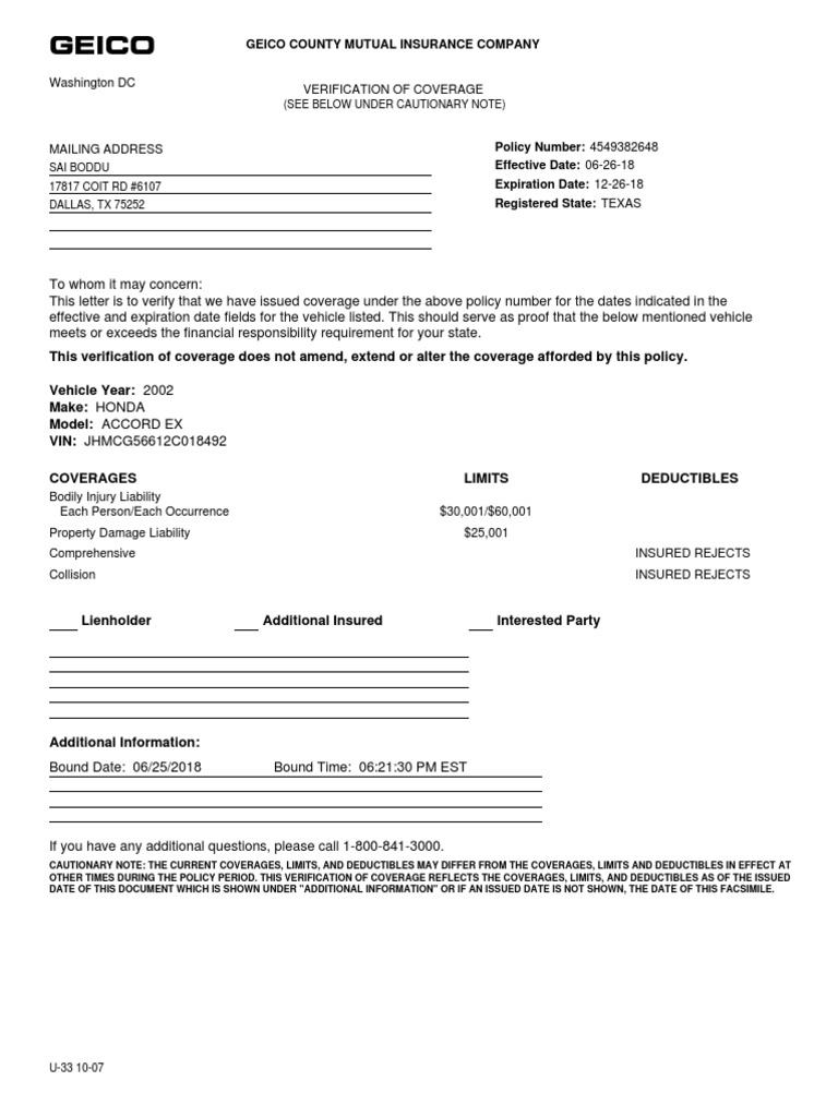 Geico: Verification of Coverage Washington DC | PDF