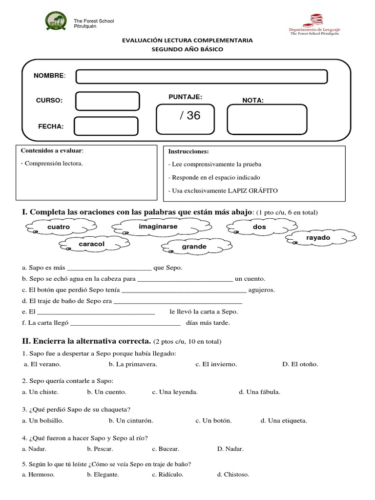 Prueba Sapo y Sepo: Comprensión Lectora | PDF