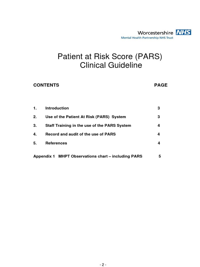 Patient at Risk Score (PARS) Clinical Guideline Summary | PDF ...