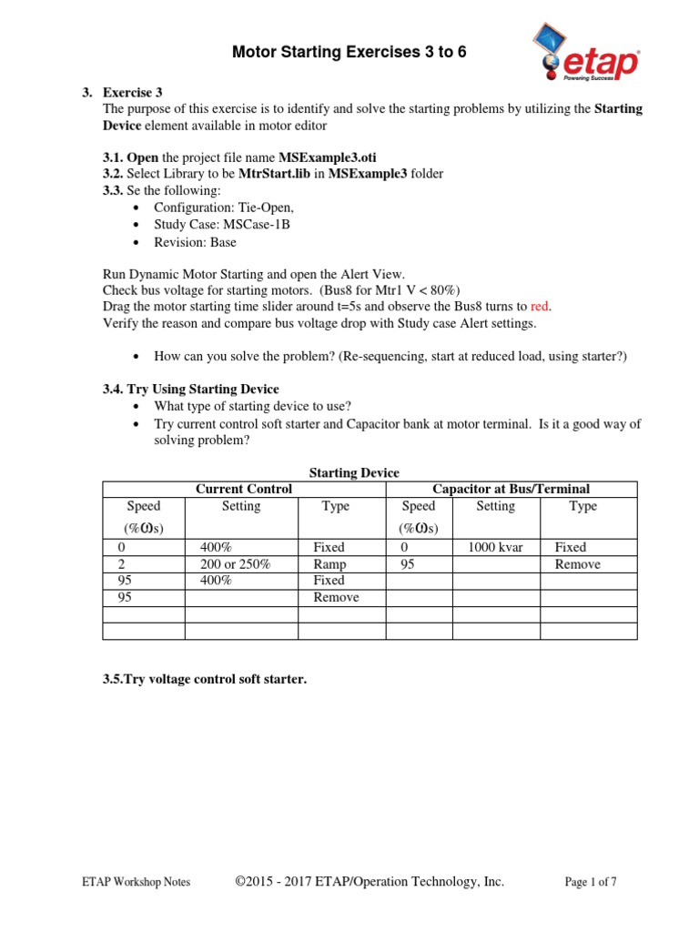 Motor Starting Exercises 3 To 6: ETAP Workshop Notes Page 1 of 7 | PDF ...