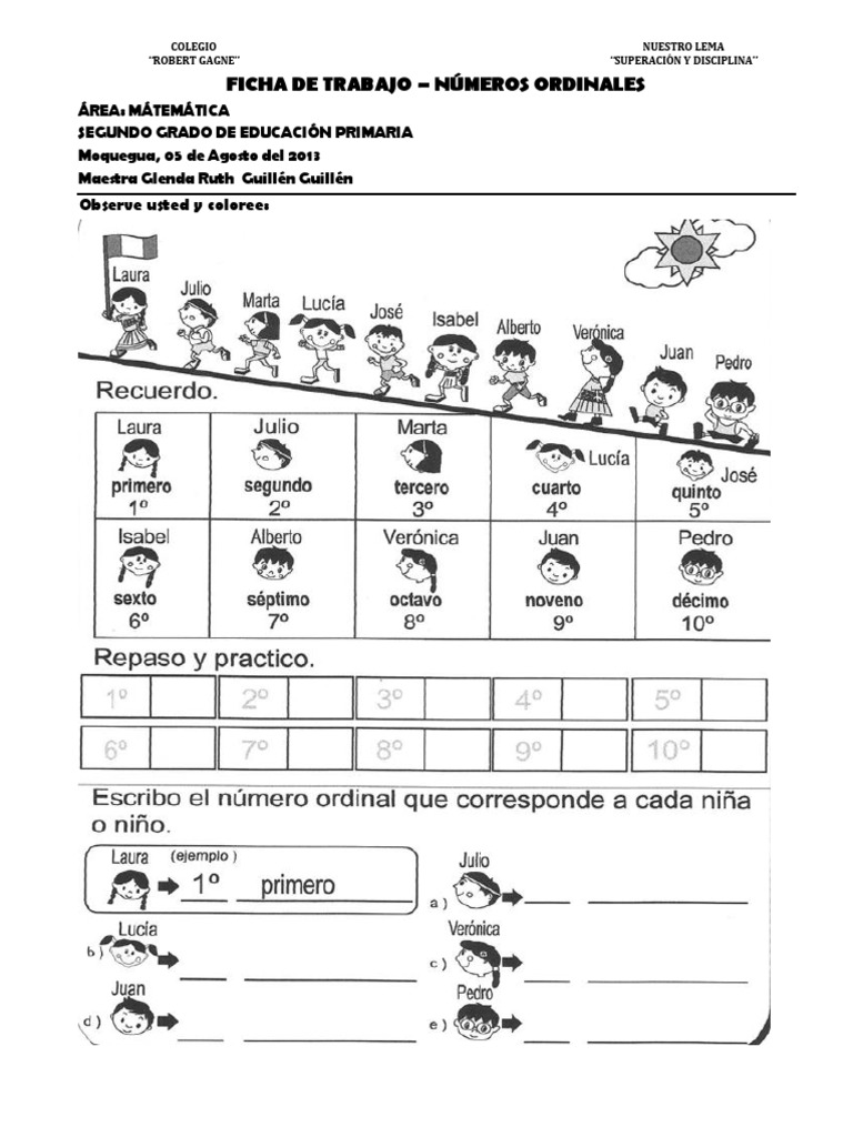 Ficha De Trabajo – Números Ordinales: Observe usted y coloree