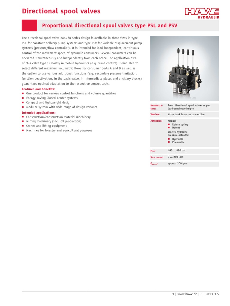 Hawe Proportional Directional Spool Valves Type PSL and PSV | PDF ...