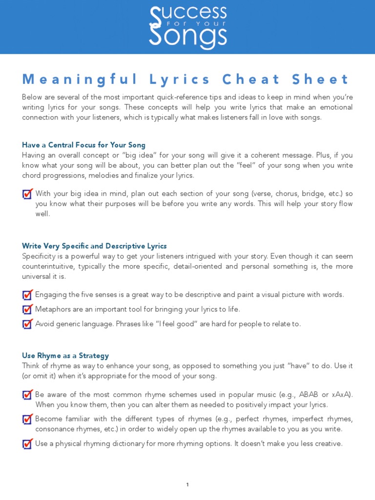 Meaningful Lyrics Writing Cheat Sheet | PDF | Song Structure | Psychology