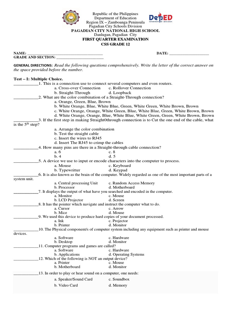 Pagadian City National High School First Quarter Examination: CSS Grade ...
