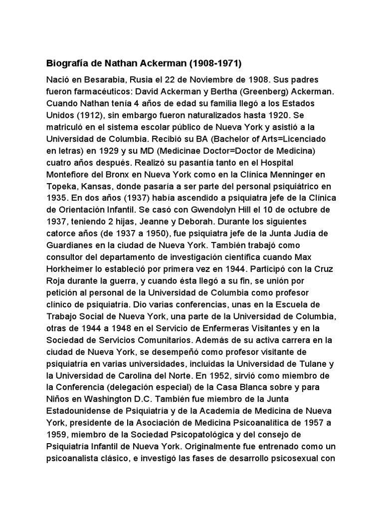 Biografía de Nathan Ackerman: Pionero en Terapia Familiar | PDF | Los ...