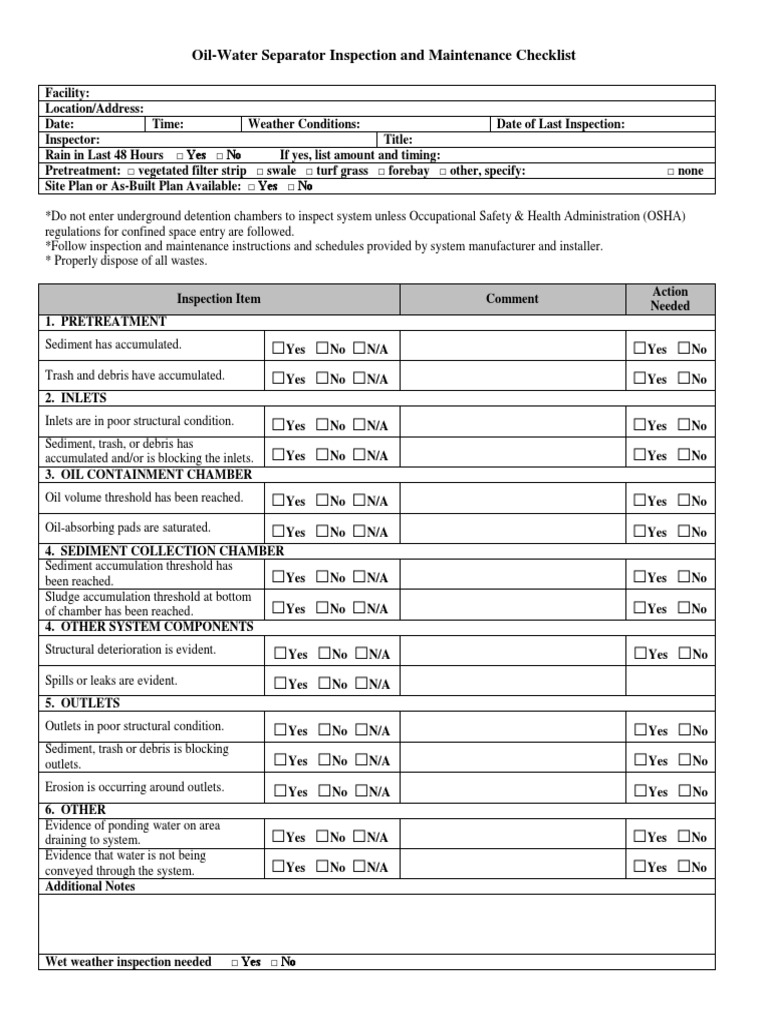 Oil-Water Separator Inspection and Maintenance Checklist | PDF ...