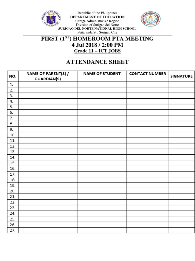 First (1) Homeroom Pta Meeting 4 Jul 2018 / 2:00 PM: Grade 11 - ICT ...