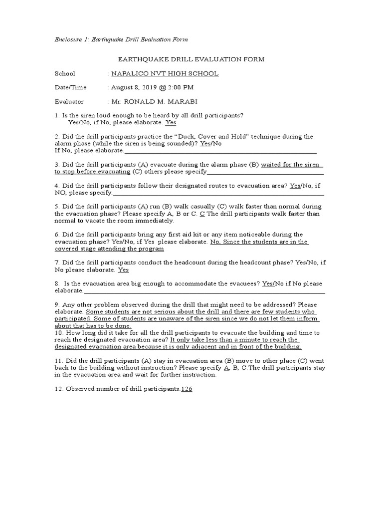 Enclosure 1: Earthquake Drill Evaluation Form | PDF | Emergency ...