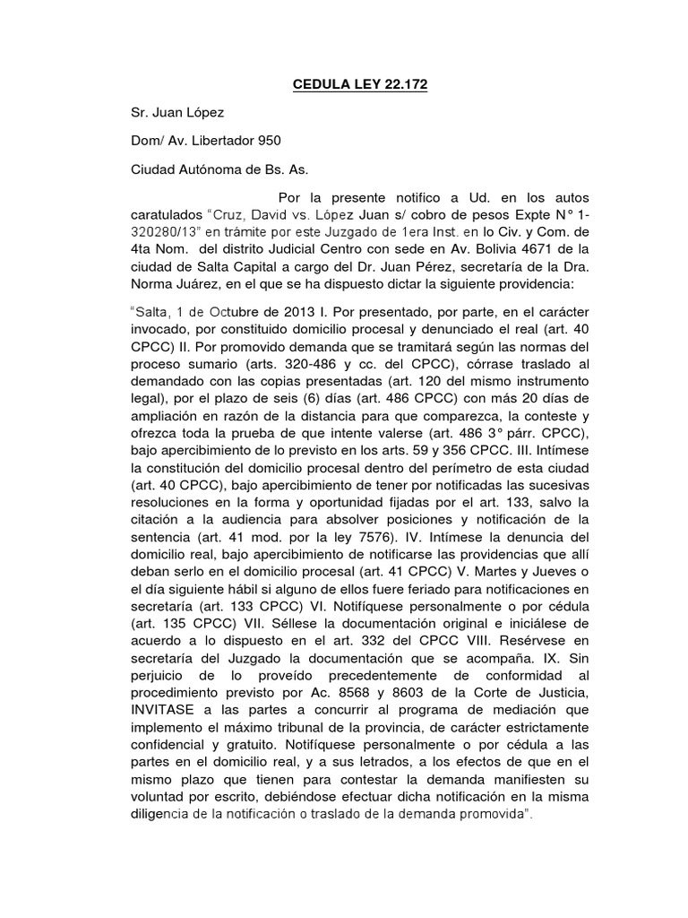 Cedula Ley 22 | PDF | Demanda judicial | Ley procesal Cedula Ley 22 | PDF | Demanda judicial | Ley procesal