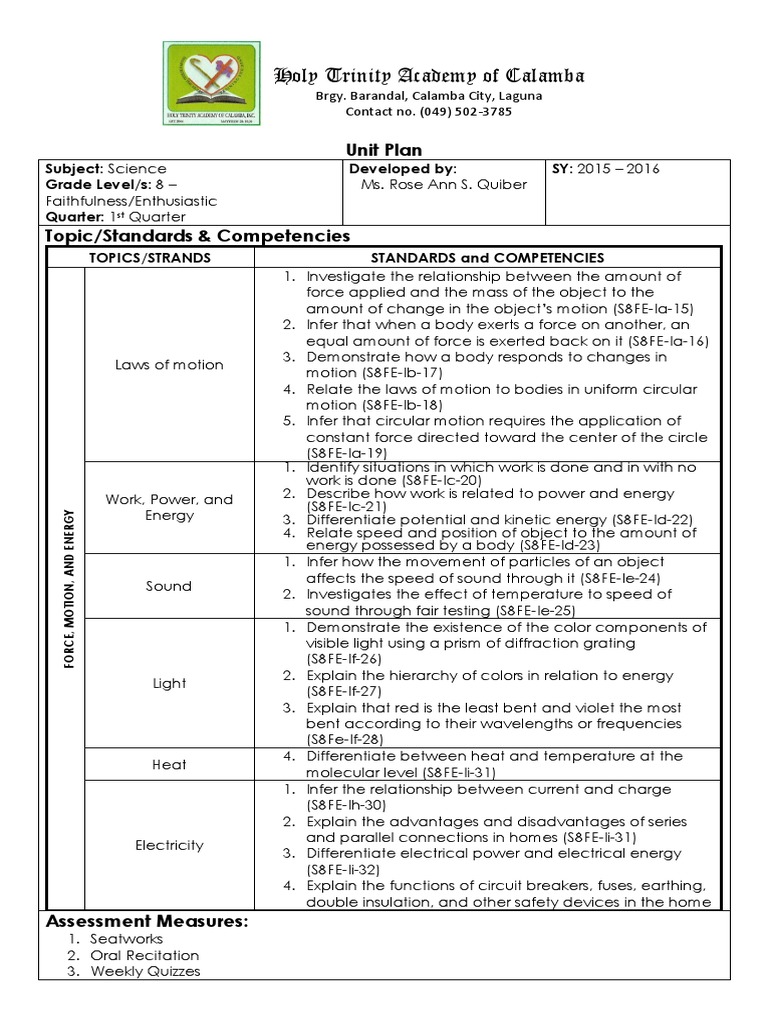 Grade 8 Science Unit Plan: Motion & Energy | PDF | Force | Newton's ...