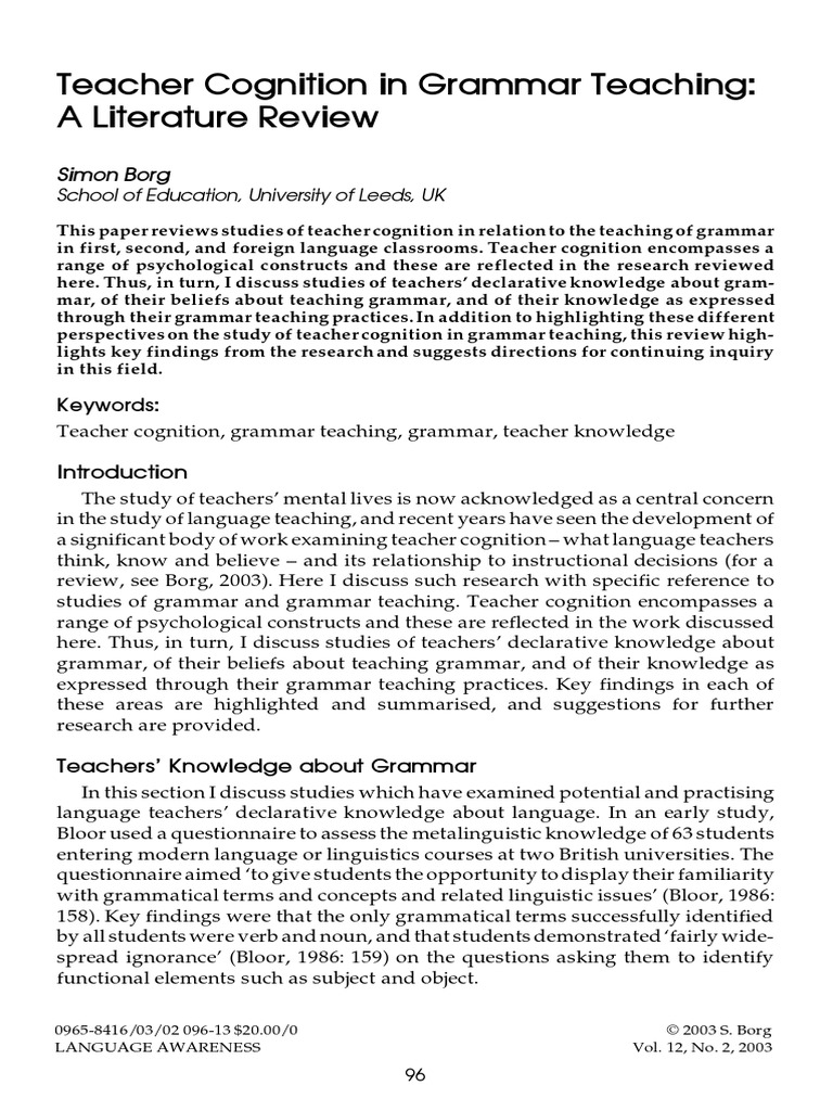 Teacher Cognition In Grammar Teaching A Literature Review Simon Borg