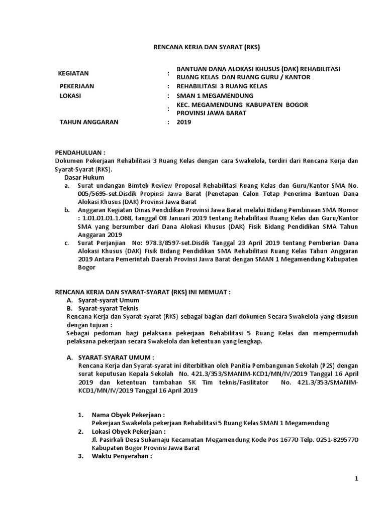 Rencana Kerja Dan Syarat Rks Rehab 2019 | PDF