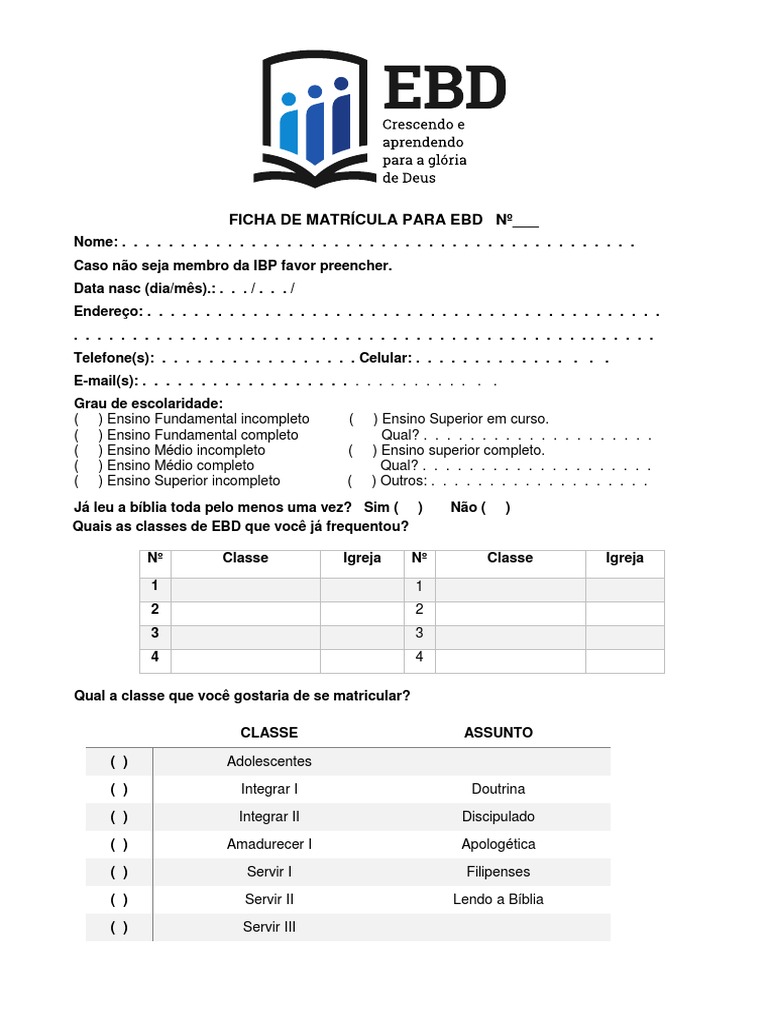 Ficha De Matricula Ebd Pdf