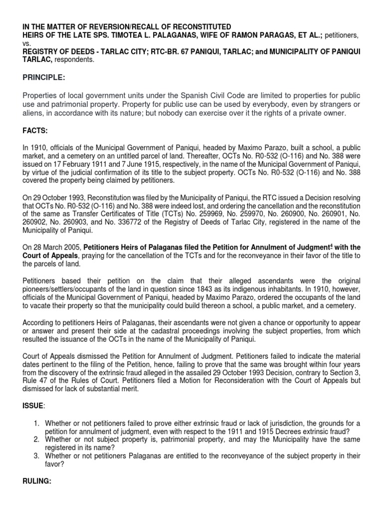 I. in The Matter of Reversion - Heirs Palaganas Vs Regustr of Deeds ...