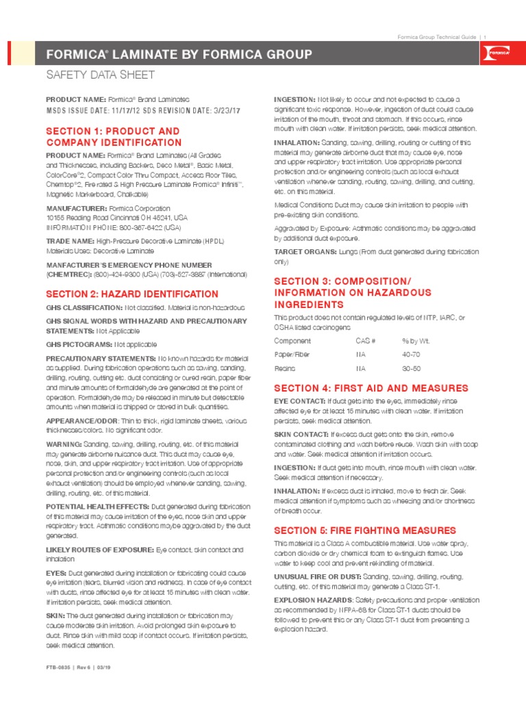 Laminate Safety Data Sheet | PDF | Formaldehyde | Safety