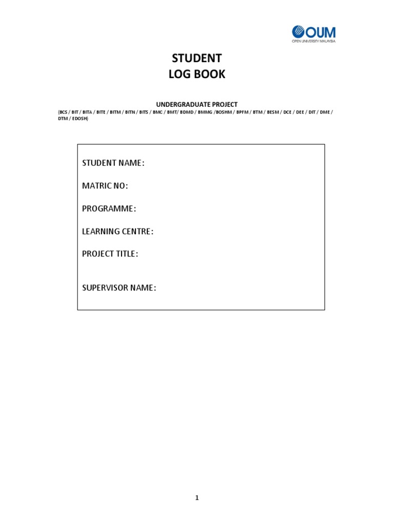 Student Log Book: Student Name: Matric No: Programme: Learning Centre ...