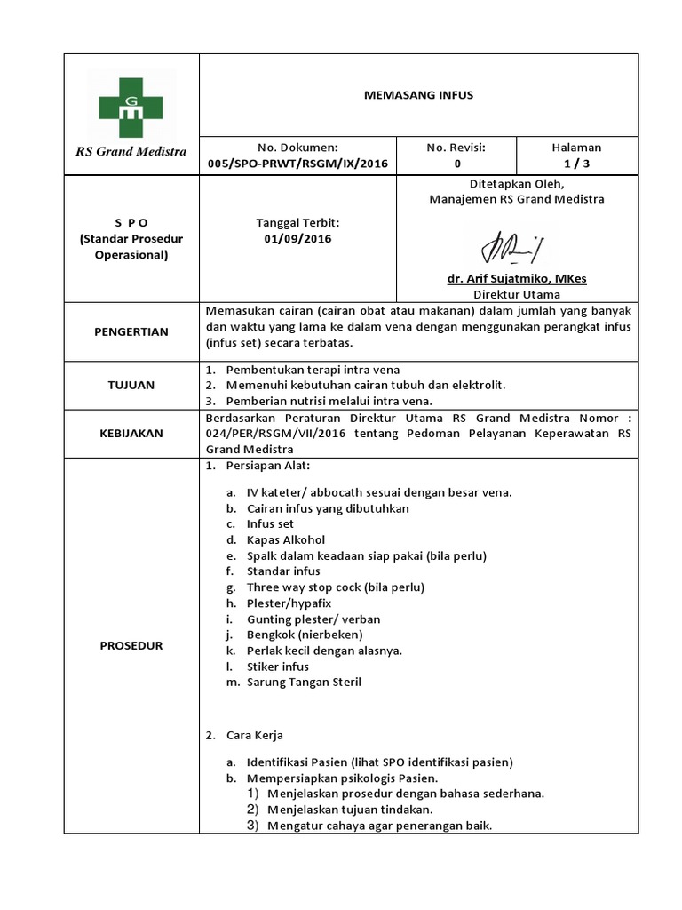 Prosedur Pemasangan Infus di RS Grand Medistra | PDF